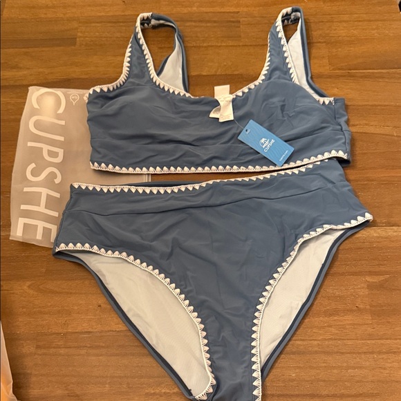 Cupshe | Swim | Cupshe Blue Bikini Set With White Trim | Poshmark